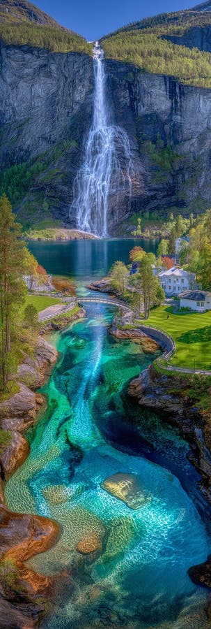Alpine Waterfall Cascades Majestically Down Rocky Cliffs into a Serene ...
