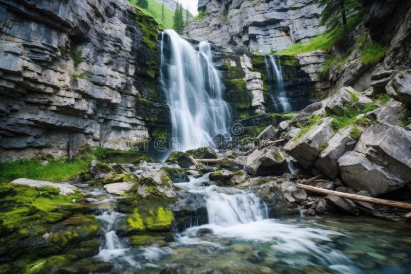 Alpine Waterfalls Cascading Down Rocky Terrain Stock Image - Image of ...