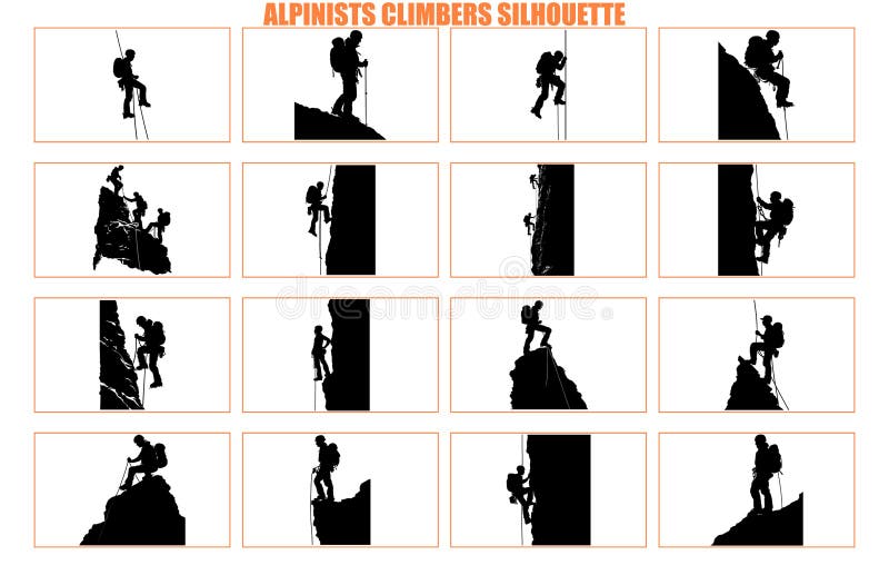 Alpinists Climbers Silhouette Vector Art Set, Mountain Climber Climbing ...