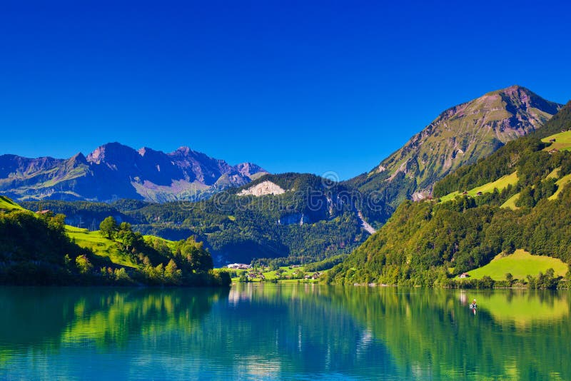 Alps lake with swan stock photo. Image of tranquil, rural - 14120910