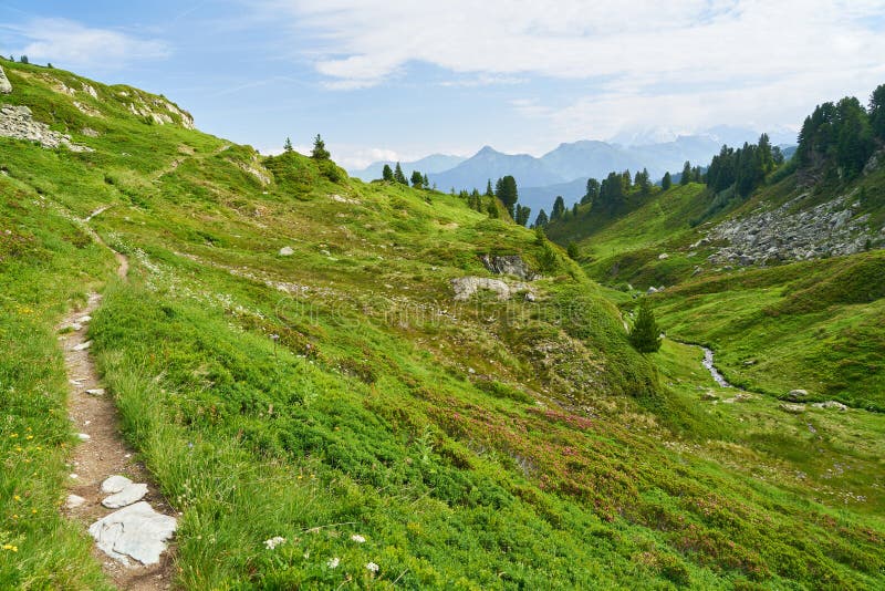 Alps Panorama with Hiking Trail and Mountains Stock Photo - Image of ...