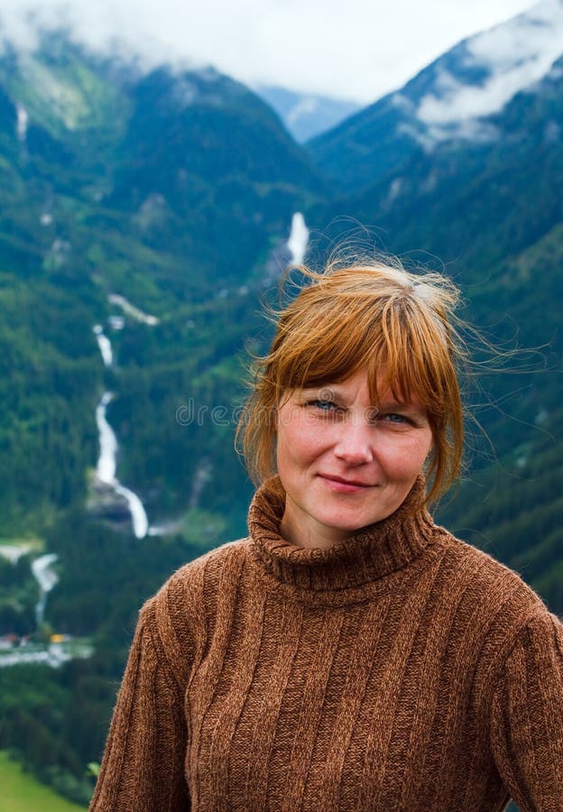 Alps Summer Mountain and Woman Portrait. Stock Image - Image of scene ...