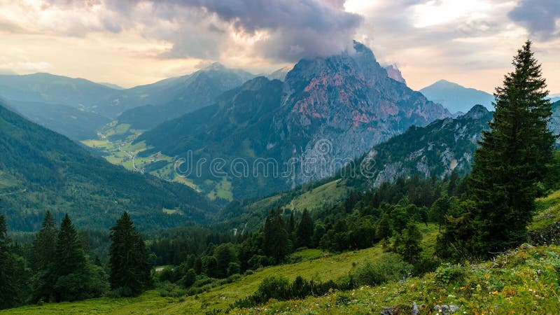 Alps. Valley, Forest and Mountains. Stock Image - Image of path ...