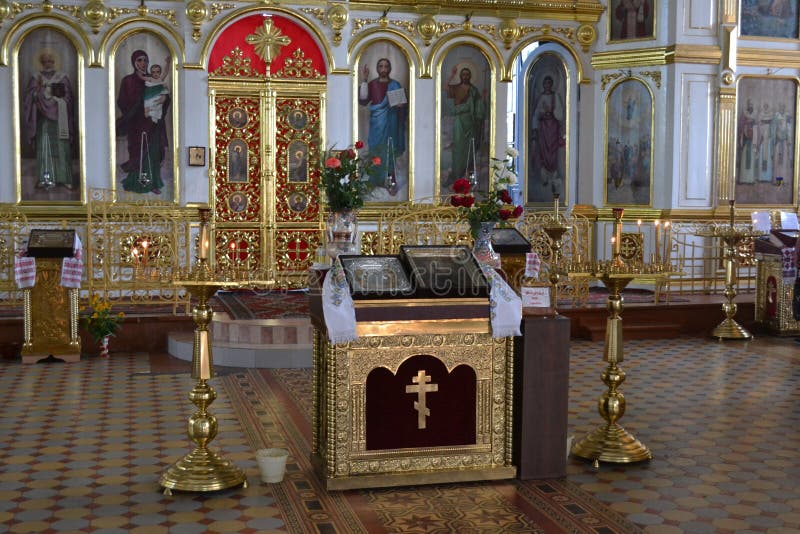 Altar in the Christian Temple. the Decorated Cross, Icon, Bible and ...