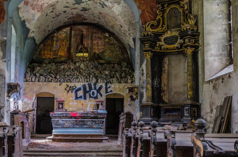 Altar in a Church with Graffiti Stock Photo - Image of overgrown ...
