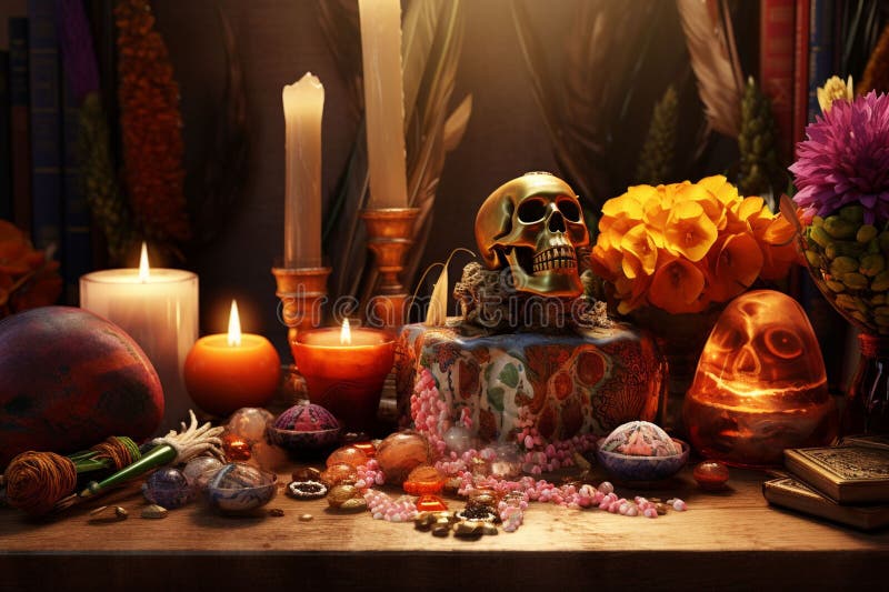 Altar of Healing Crystals and Sacred Objects for Stock Illustration ...