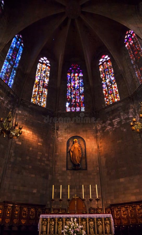 Altar Old Stone Basilica St Maria Del Pi Barcelona Stock Image - Image ...