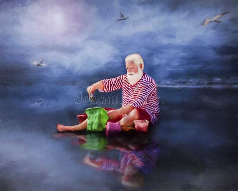 Alter Mann Auf Strand Mit Eimer Und Grüner Tasche Stockbild - Bild von ...