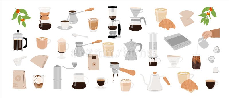 Alternative Coffee Brewing Methods and Tools Modern Hand Drawn Graphics ...