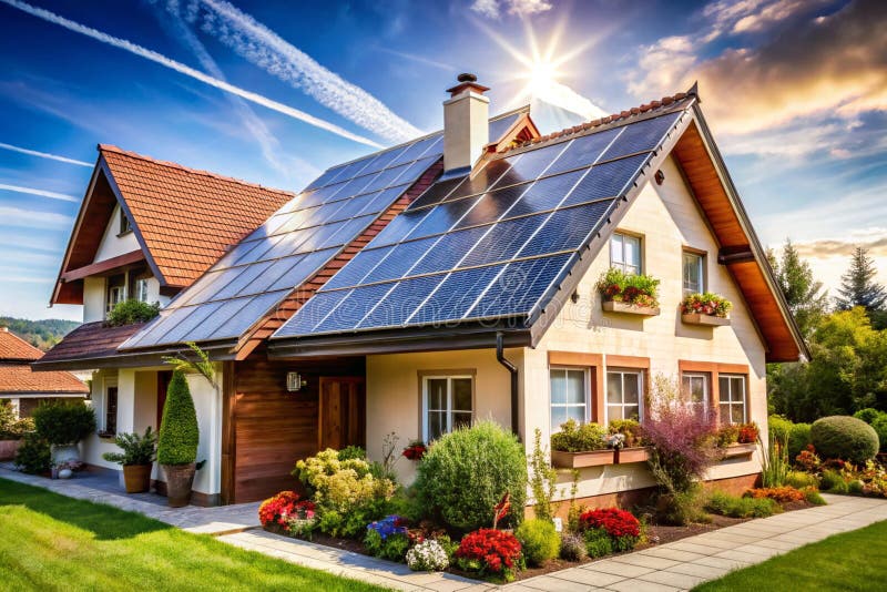 Alternative Energy Solar Panel System on House Rooftop Stock ...