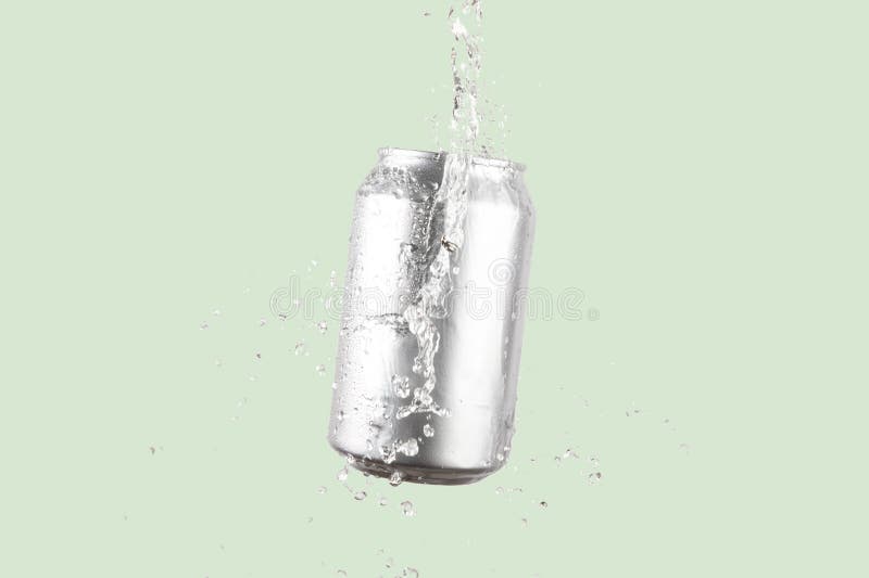 Aluminium Beer or Soda Drinking Can with Water Splash on Light Green ...