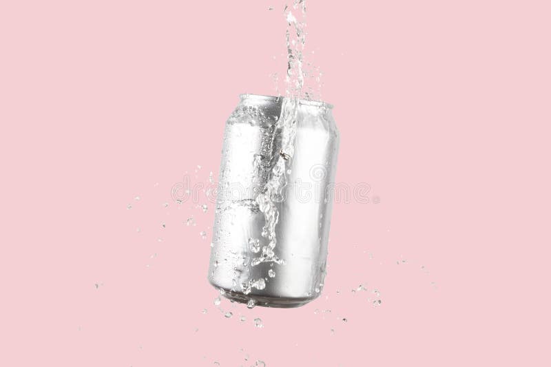 Aluminium Beer or Soda Drinking Can with Water Splash on Light Pink ...