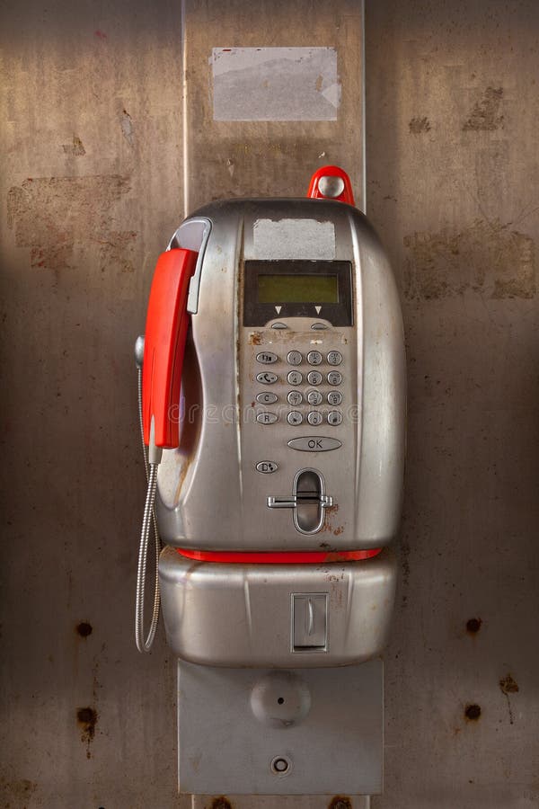 Aluminium Public Telephone with Red Handset Stock Image - Image of ...