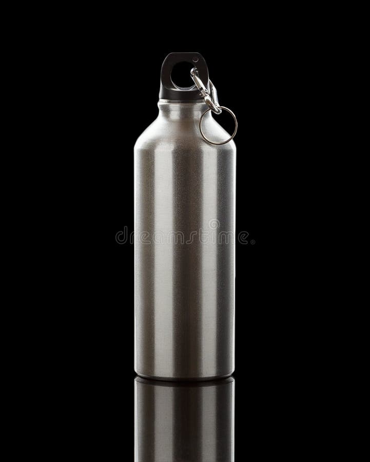 Aluminium Water Flask on Reflective Black Surface Stock Image - Image ...