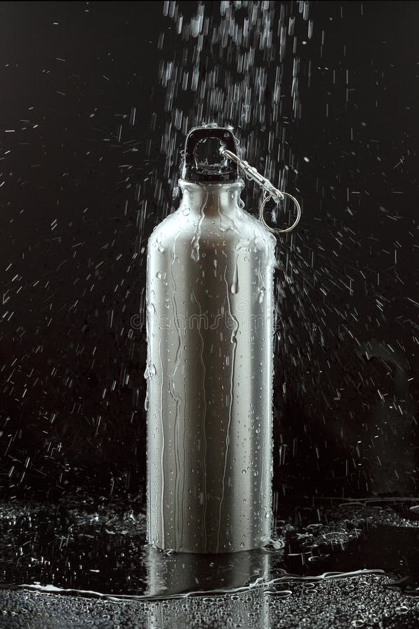 Aluminium Water Flask on Reflective Black Surface Stock Image - Image ...