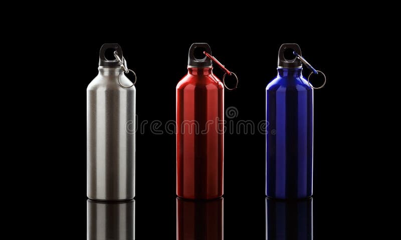 Aluminium Water Flask on Reflective Black Surface Stock Image - Image ...