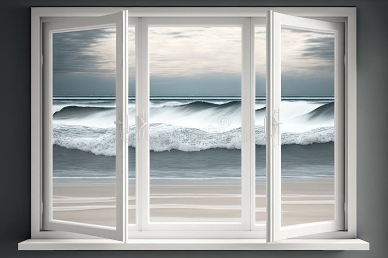 Aluminium Windows with View of the Beach, Waves Rolling Onto the Shore ...