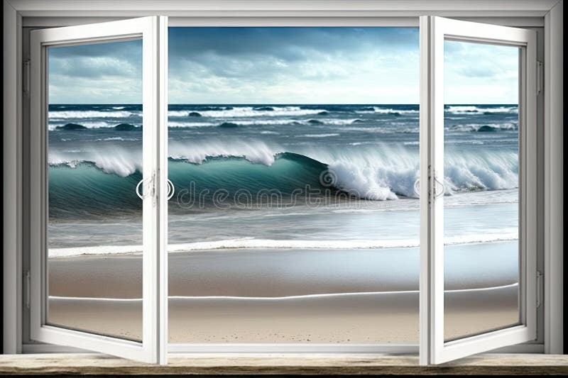 Aluminium Windows with View of the Beach, Waves Rolling Onto the Shore ...
