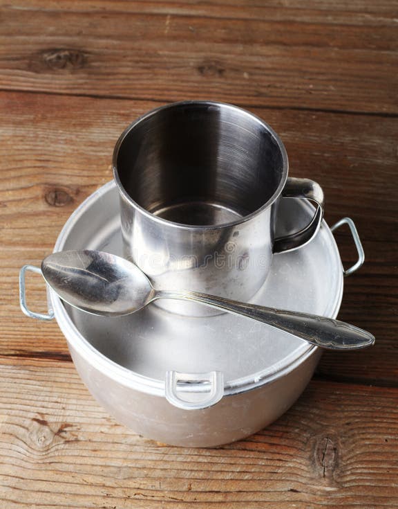 Aluminum army pots stock photo. Image of camping, boards - 86650152