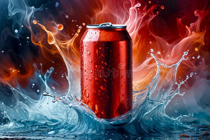 Aluminum Beer Can. Red Blank Beer Can in Bursts and Splashes Stock ...