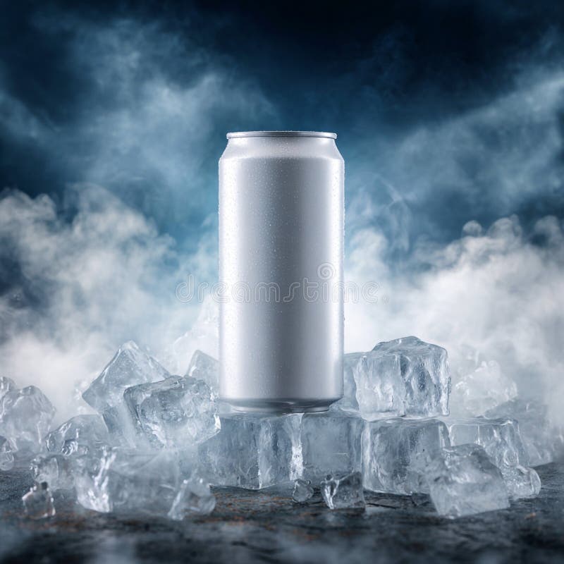 Aluminum Can on Ice Cubes with a Smoky Background Creating a Refreshing ...