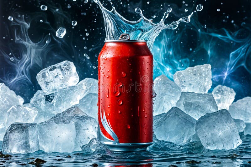 Aluminum Can. Red Blank Beer Can in Splashes and Ice Cubes on Dark ...
