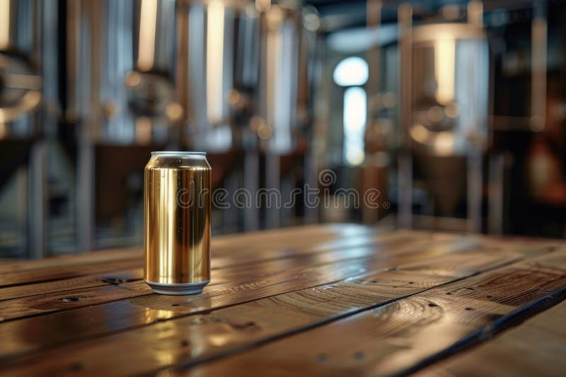 Aluminum Can on Wooden Table in Brewery Stock Illustration ...