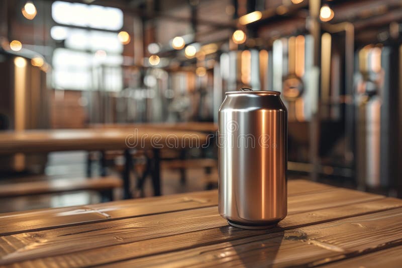 Aluminum Can on Wooden Table in Brewery Stock Illustration ...
