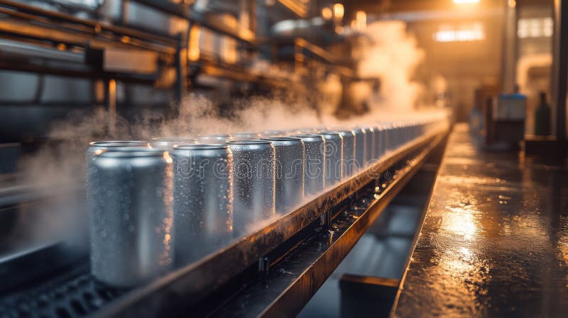 Aluminum Cans Cooling on a Factory Conveyor Belt Stock Illustration ...
