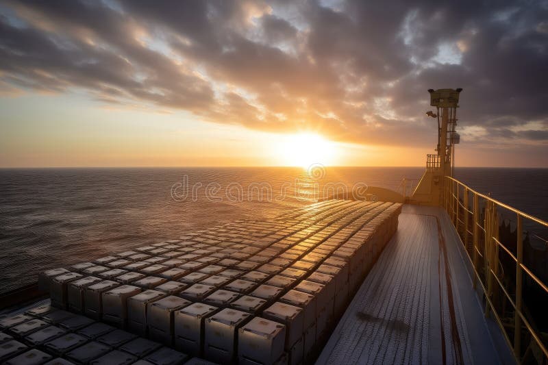 Aluminum Ingot Being Transported on Cargo Ship, with the Sun Setting in ...