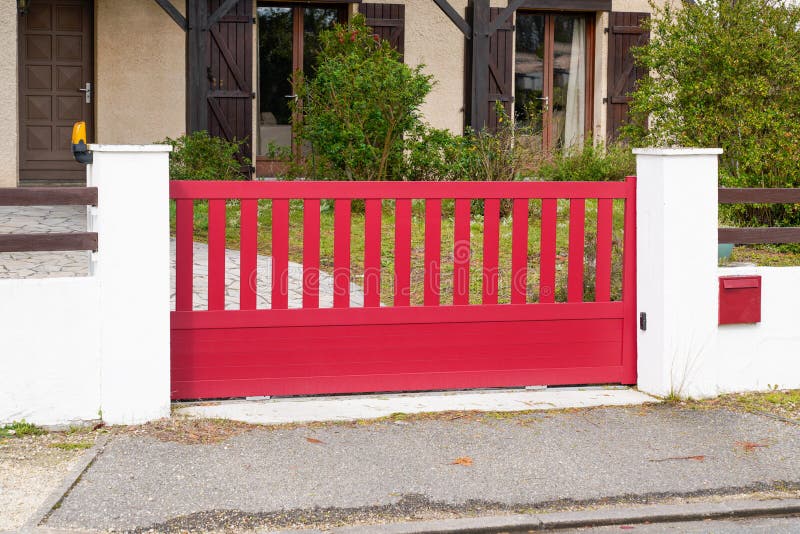 Aluminum Red Metal Gate of Suburb House Stock Image - Image of estate ...