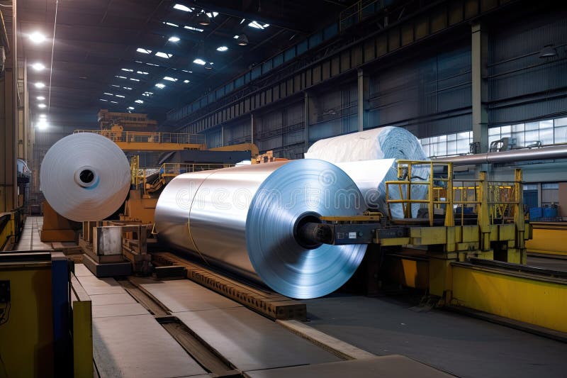 Aluminum Rolling Mill, with Massive Rolls of Metal Being Fed into the ...