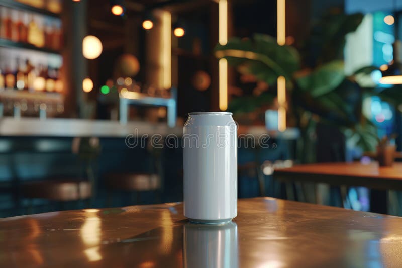 Aluminum Soda Can on Wood Table in Brightly Lit Restaurant Stock ...
