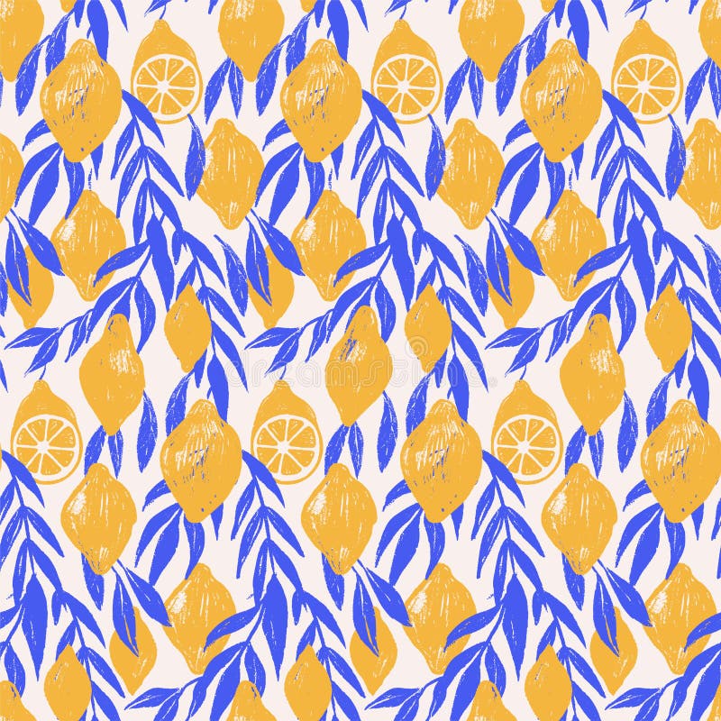 Amalfi Seamless Pattern with Mediterranean Lemon Motifs in Yellow and ...