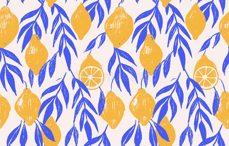 Amalfi Seamless Pattern with Mediterranean Lemon Motifs in Yellow and ...