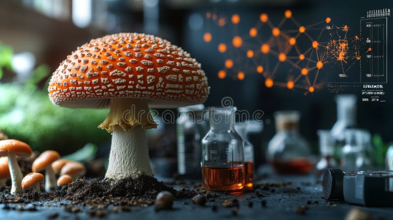 Amanita Muscaria Mushroom with Molecular Structure Displayed in a Laboratory Setting Stock Image ...