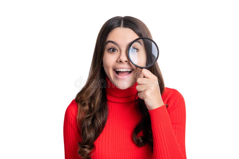 Amazed Curious Teen Girl Hold Magnifying Glass Isolated on White ... Amazed Curious Teen Girl Hold Magnifying Glass Isolated on White ...