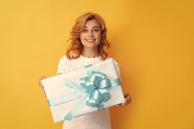 Amazed Happy Redhead Woman with Gift Box. Anniversary Stock Image ...