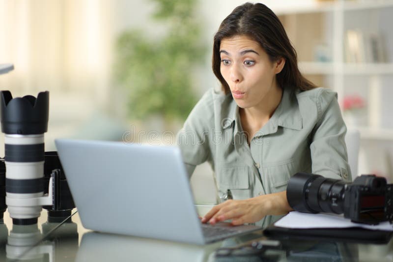 Amazed Photographer Checking Laptop at Home Stock Image - Image of work ...