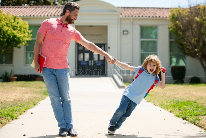 Amazed School Boy Going To School with Father. Stock Image - Image of ...