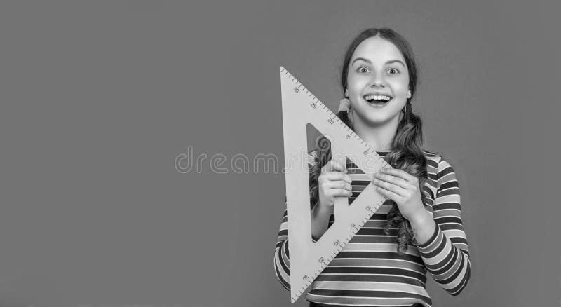 Amazed School Child Hold Math Tool of Triangle Stock Photo - Image of ...