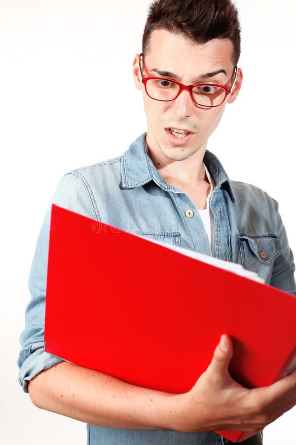 Amazed Student with Red Notebook and Red Glasses Stock Image - Image of ...