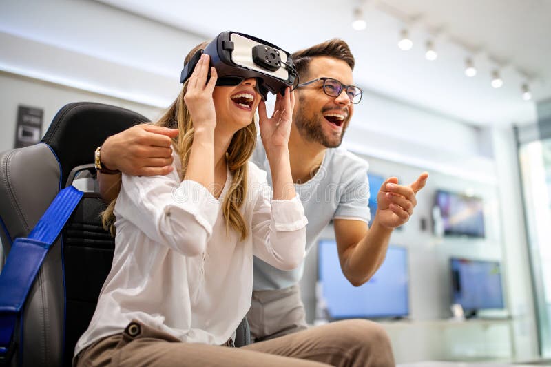 Amazed Young People Touching the Air during the Virtual Reality ...