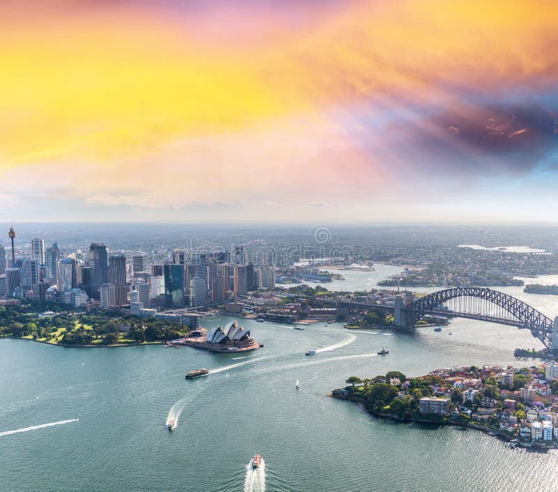 Amazing Aerial View of Sydney Harbour at Sunset Editorial Photography ...