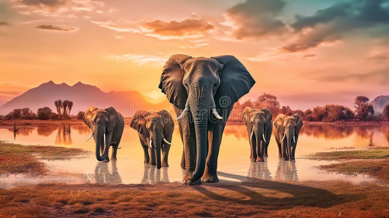 Amazing African Elephants at Sunset Concept AI Generated Image Stock ...
