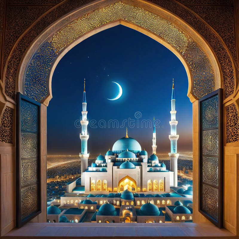 Amazing Architecture Window with Night and Crescent View Stock ...
