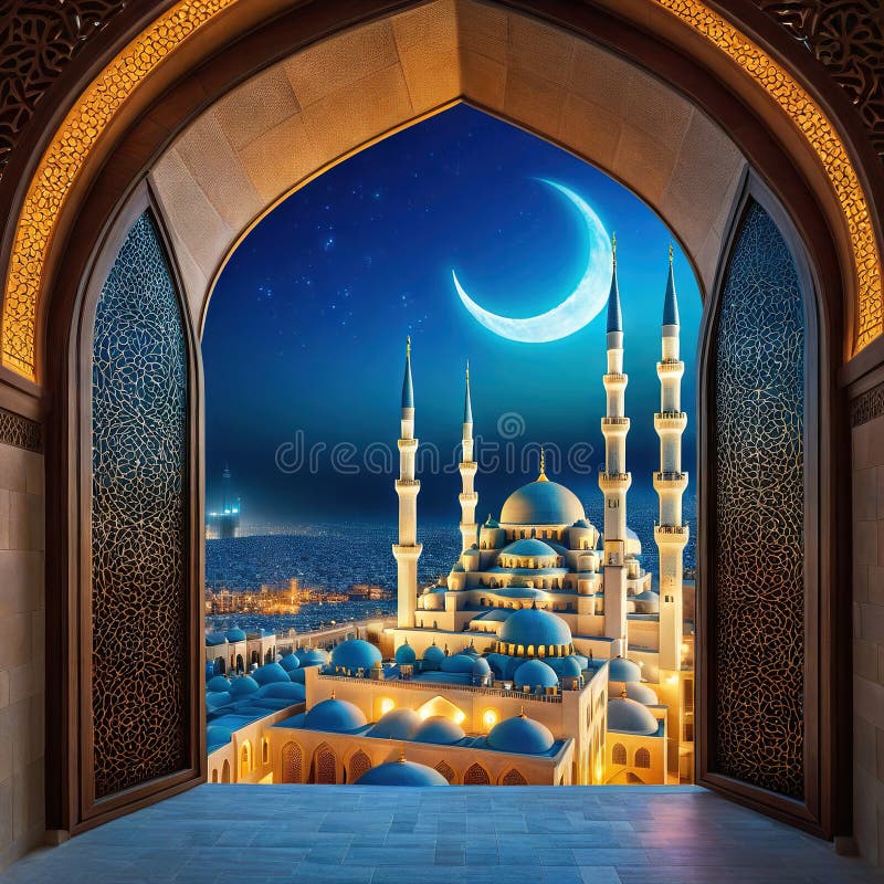 Amazing Architecture Window with Night and Crescent View Stock ...