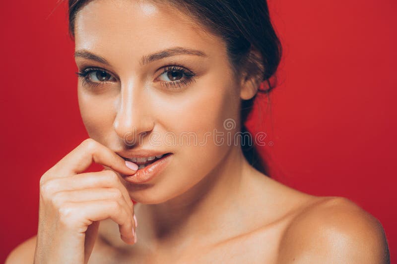 Amazing Beautiful Woman Portrait Touching Lips Stock Image - Image of ...