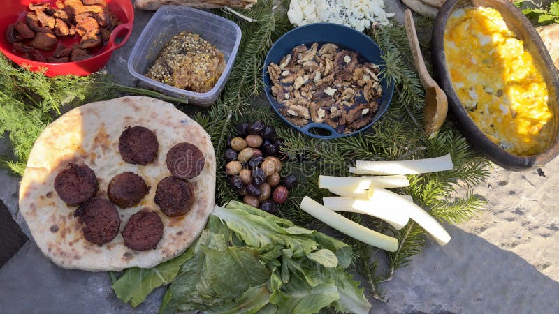 Amazing Breakfast with Natural Food on Stone in the Mountains Stock ...