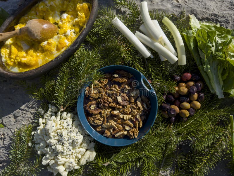 Amazing Breakfast with Natural Food on Stone in the Mountains Stock ...